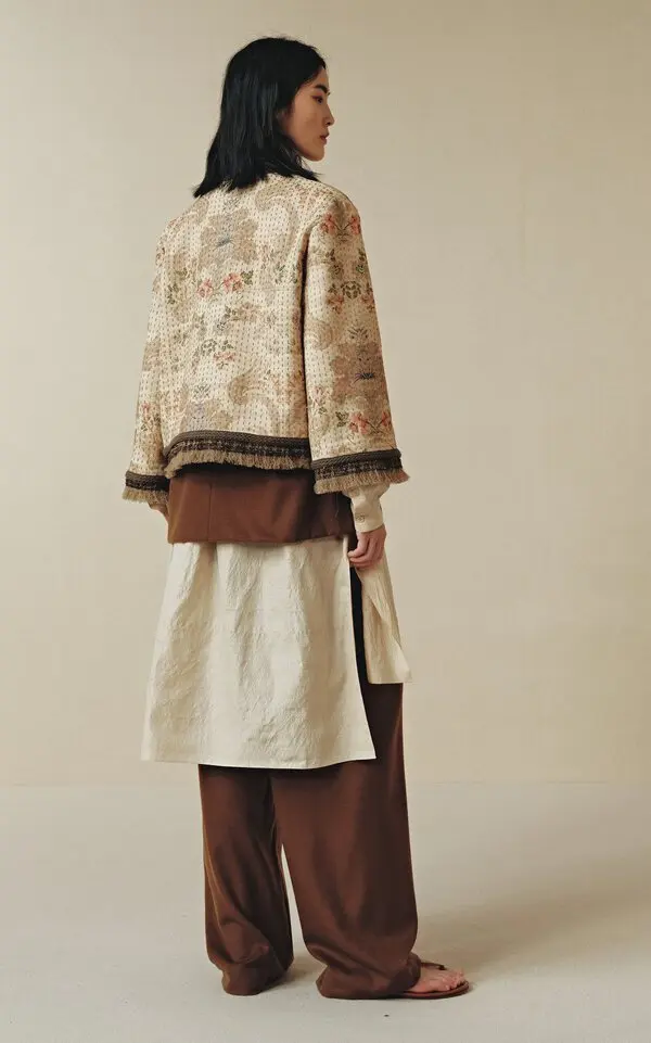 INTO THE EAST Handcrafted Scroll Fringe Beaded Silk-linen Jacket