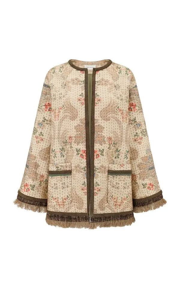 INTO THE EAST Scroll Handcrafted Fringe Beaded Open Front Silk-linen Jacket - Floral