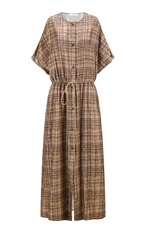 INTO THE EAST Plaid Ombre Drawstring Cinched Silk Maxi Dress