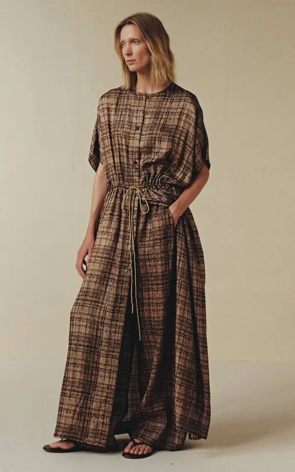 INTO THE EAST Plaid Ombre Drawstring Cinched Silk Maxi Dress