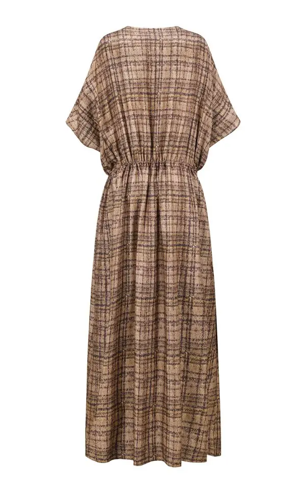 INTO THE EAST Plaid Ombre Drawstring Cinched Silk Maxi Dress