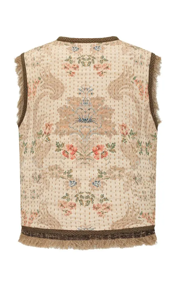 INTO THE EAST Scroll Handcrafted Fringe Beaded Silk-linen Vest