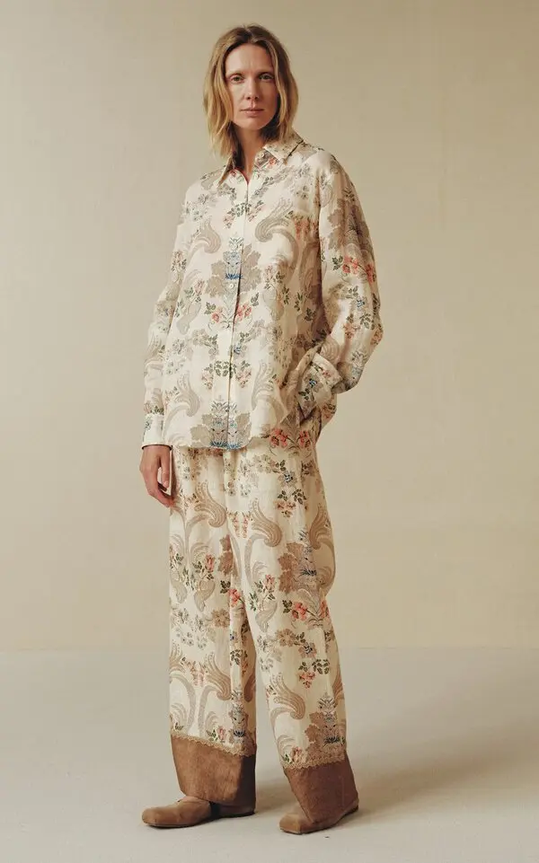 INTO THE EAST Scroll Linen Straight Leg Pants