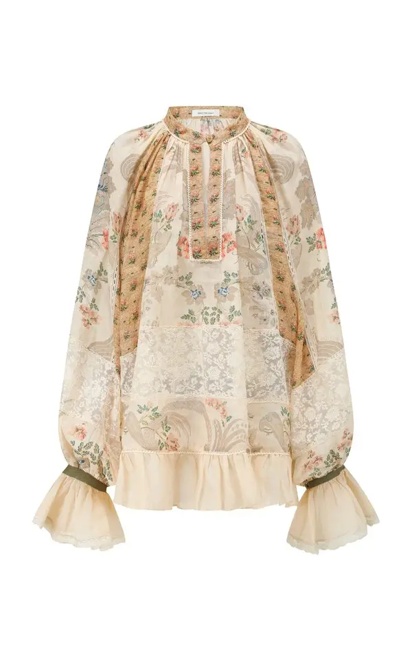 INTO THE EAST Scroll Patchwork Lace Puff Sleeve Top