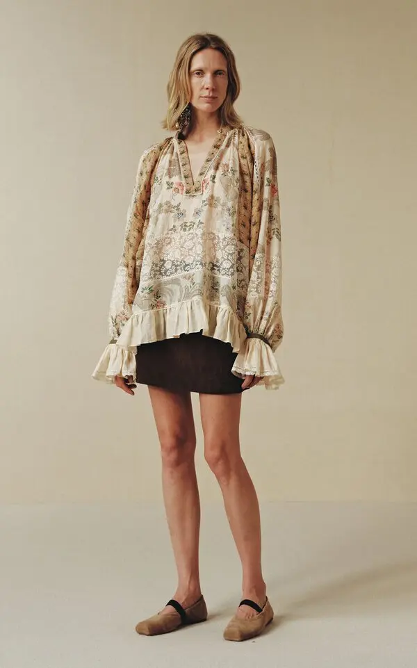 INTO THE EAST Scroll Patchwork Lace Puff Sleeve Top