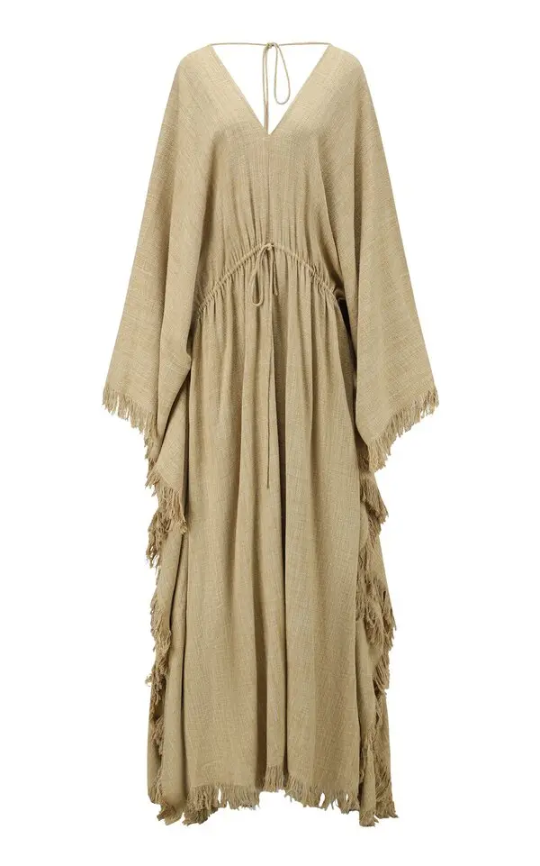 INTO THE EAST Drawstring Fringe Silk Maxi Dress