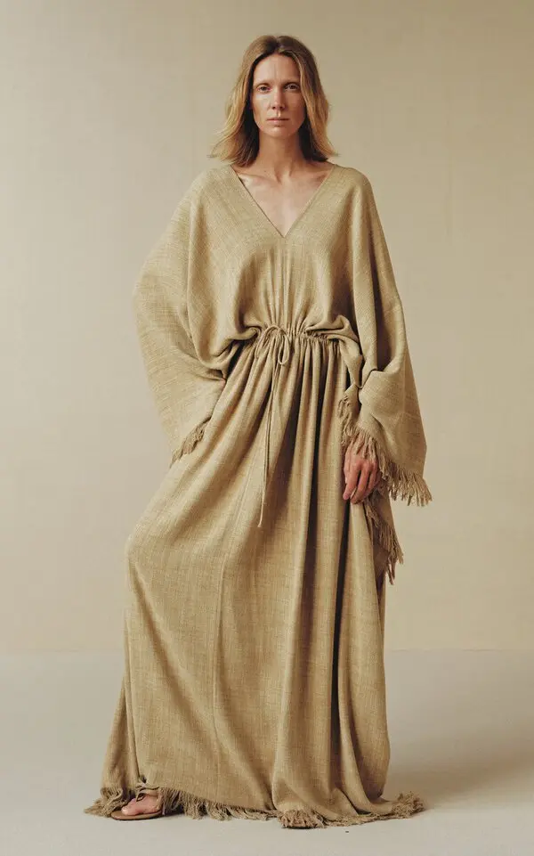 INTO THE EAST Drawstring Fringe Silk Maxi Dress