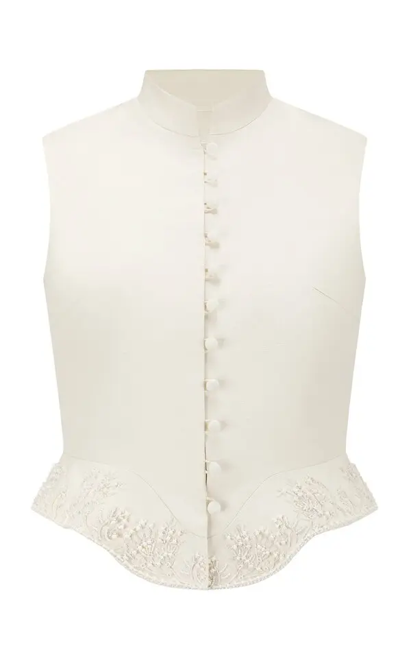 INTO THE EAST Embroidered Beaded Mandarin Collar Silk-linen Vest - White