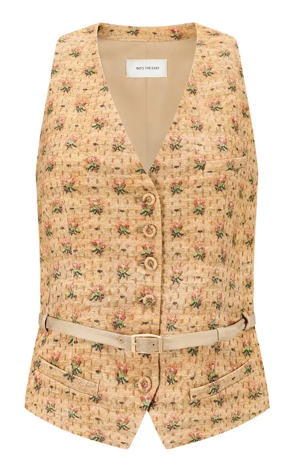 INTO THE EAST Rose V-neck Belted Silk-linen Vest - Floral