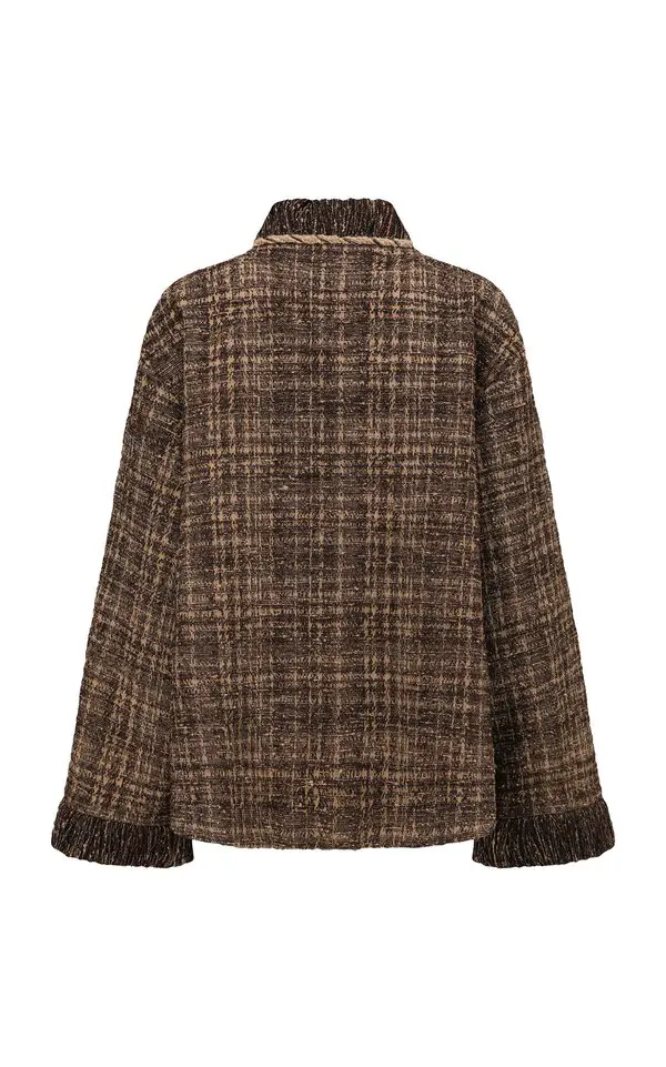 INTO THE EAST Plaid Tweed Handcrafted Edge Open Front Jacket