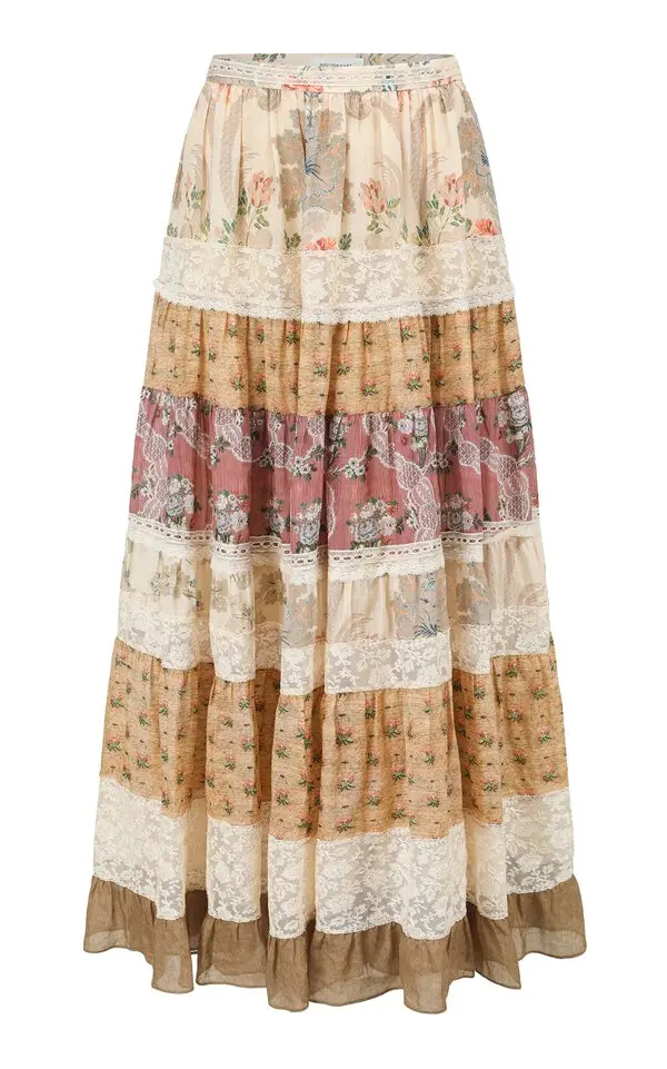 INTO THE EAST Floral Scroll -layer Lace Paneled Maxi Skirt