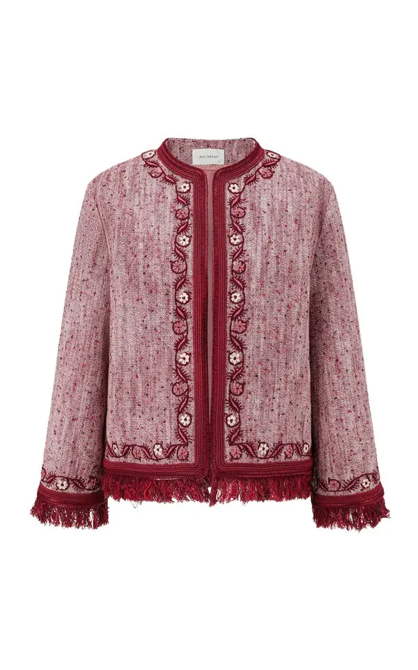 INTO THE EAST Embroidered Fringe Cotton, Wool And Linen Jacket - Red
