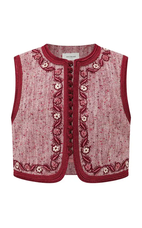 INTO THE EAST Handcrafted Embroidered Cotton, Wool And Linen Vest - Red