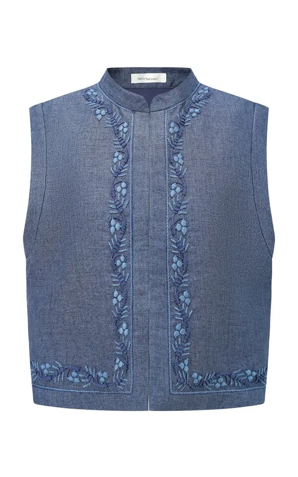 INTO THE EAST Embroidered Linen Vest - Blue