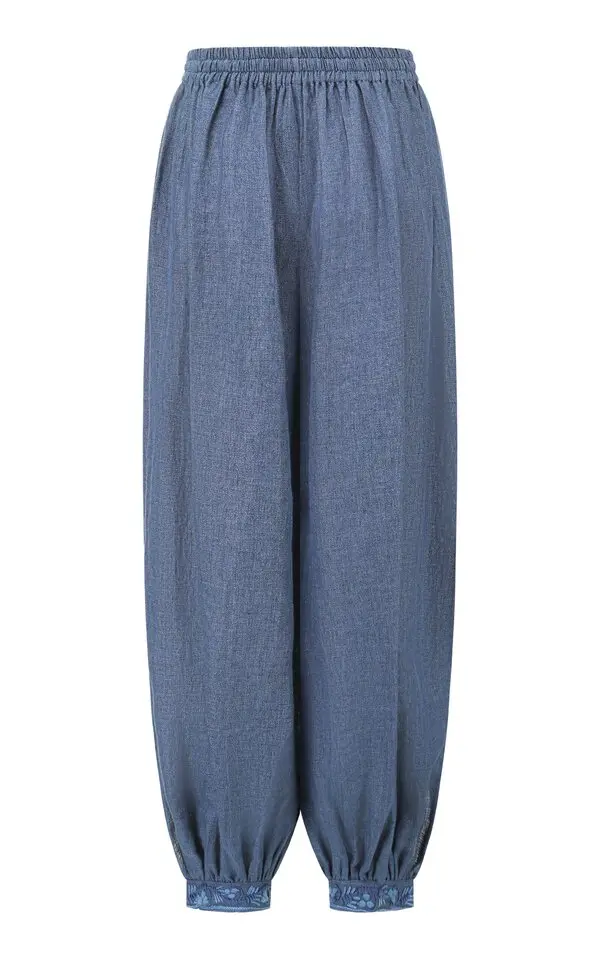 INTO THE EAST Embroidered Tapered Linen Pants