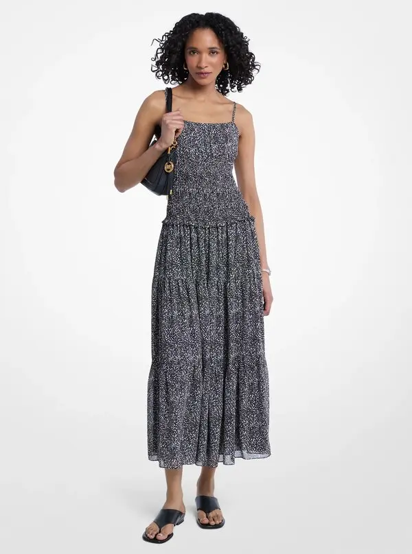 Michael Kors Abstract Print Georgette Smocked Midi Dress - Black