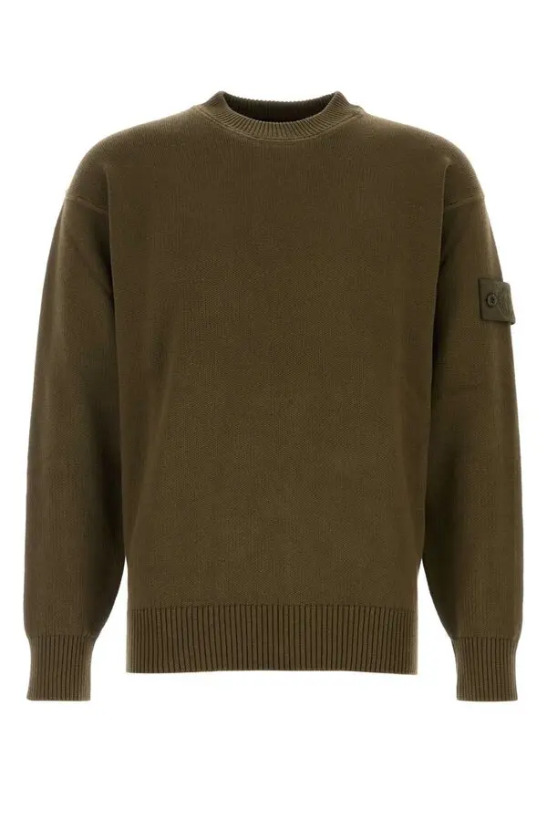 Stone Island Olive Cotton Blend Crewneck Sweater - Green