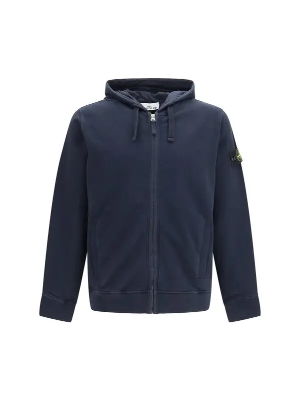 Stone Island Cotton Hoodie With Zip And Compass Logo - Blue