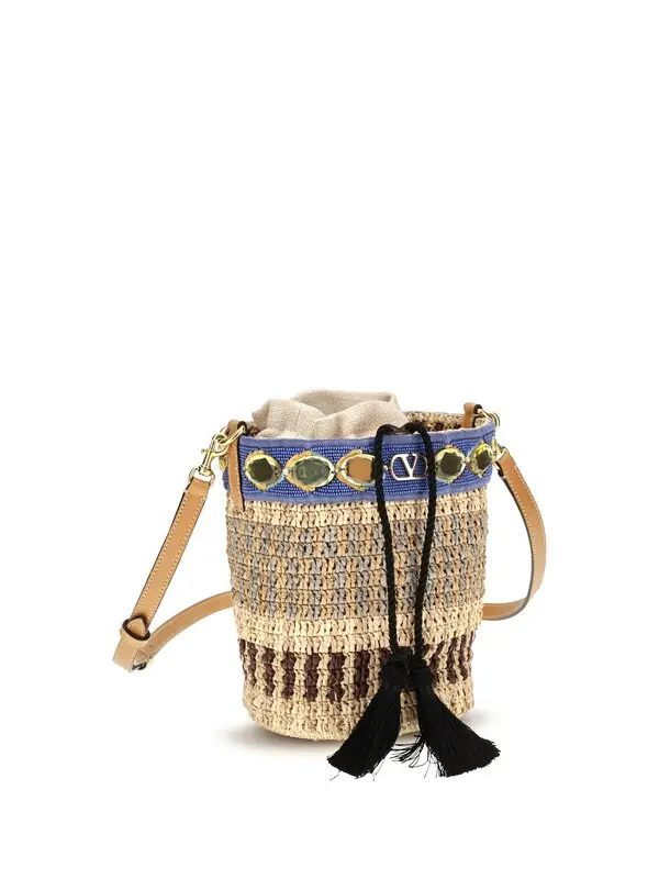 Valentino Garavani Mini Raffia Bucket Bag With Embellished Trim