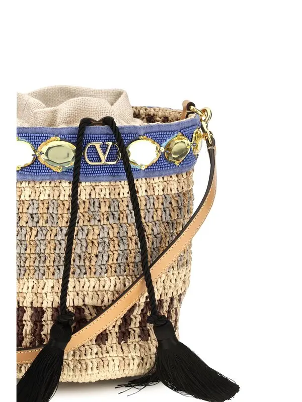 Valentino Garavani Mini Raffia Bucket Bag With Embellished Trim