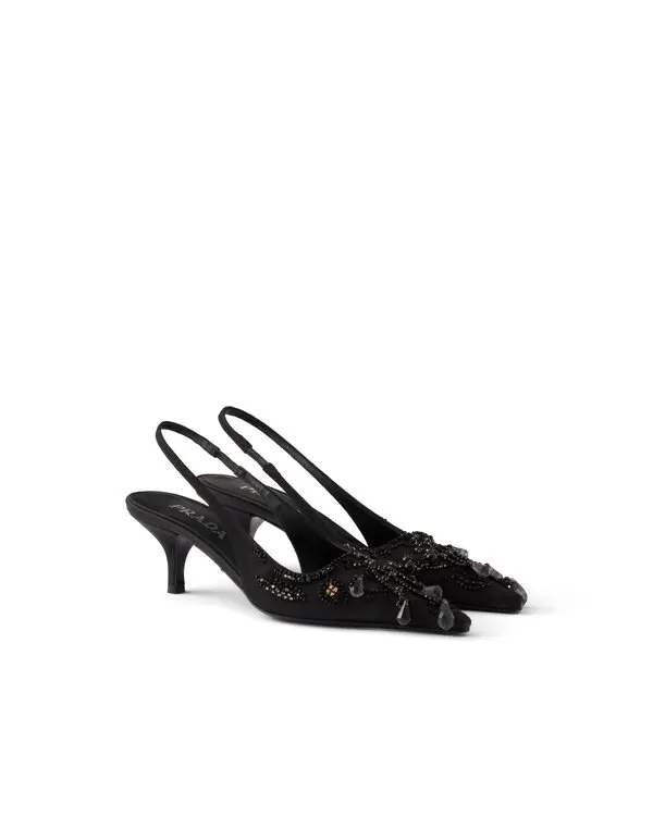Prada Embroidered Satin Slingback Pumps - Black