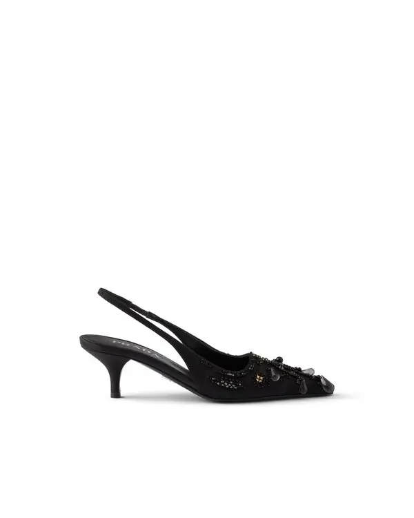 Prada Embroidered Satin Slingback Pumps