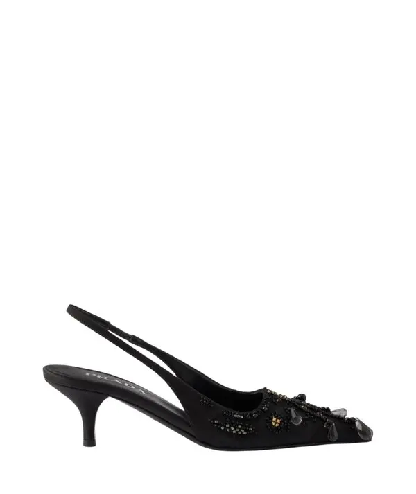 Prada Embroidered Satin Slingback Pumps With Embellishments - Black
