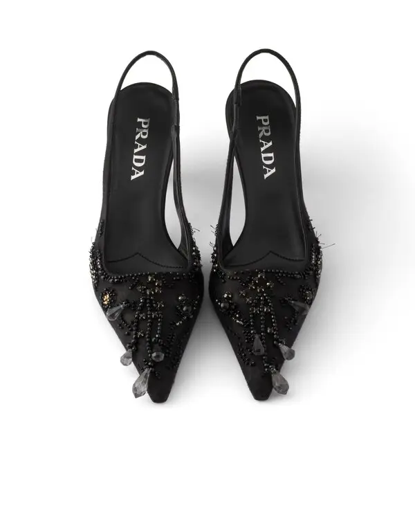 Prada Embroidered Satin Slingback Pumps With Embellishments - Black