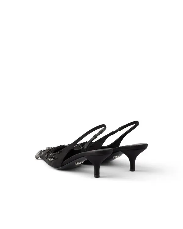 Prada Embroidered Satin Slingback Pumps With Embellishments - Black