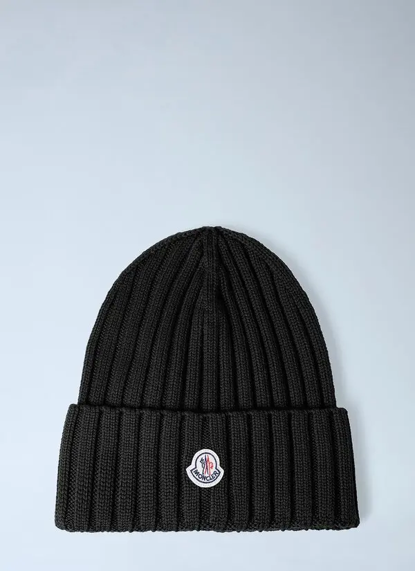 Moncler Logo Patch Beanie Hat - Black