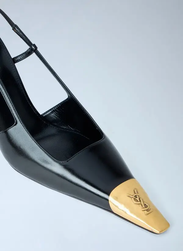 Saint Laurent Jeanne Slingback Pumps With Metal Cap Toe - Black