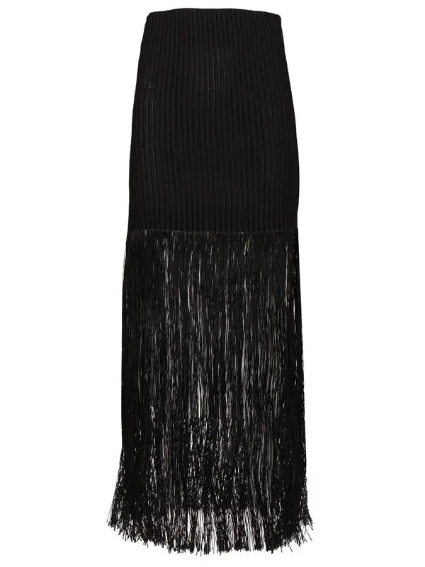 Alaïa Ribbed Knit Maxi Skirt With Fringe - Black