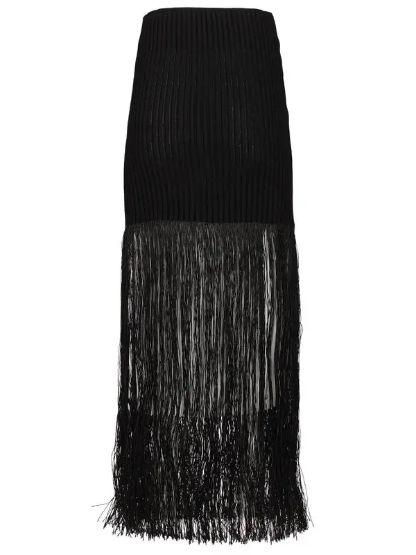 Alaïa Ribbed Knit Maxi Skirt With Fringe - Black