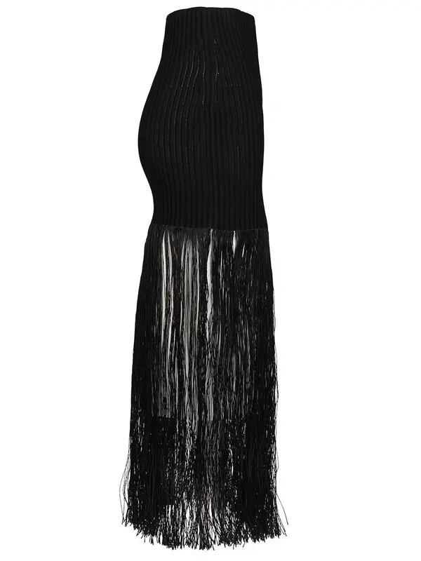 Alaïa Ribbed Knit Maxi Skirt With Fringe - Black