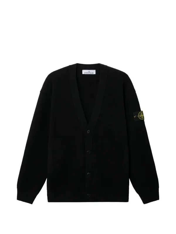 Stone Island V-neck Cardigan With Logo Badge - Black