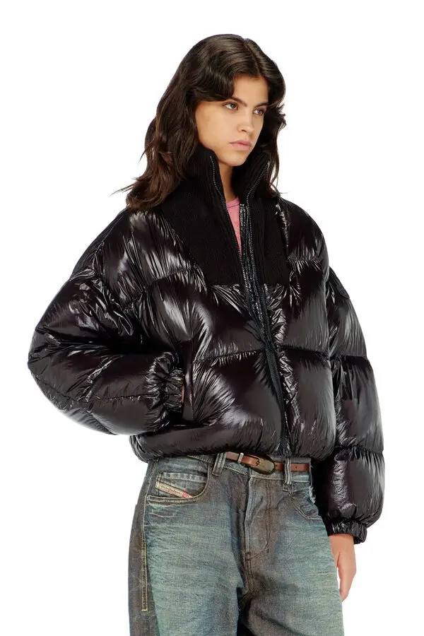 DIESEL® Down Puffer Jacket In Ripstop With Knitted Collar - Black