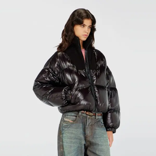 DIESEL® Down Puffer Jacket With Knitted Collar - Black