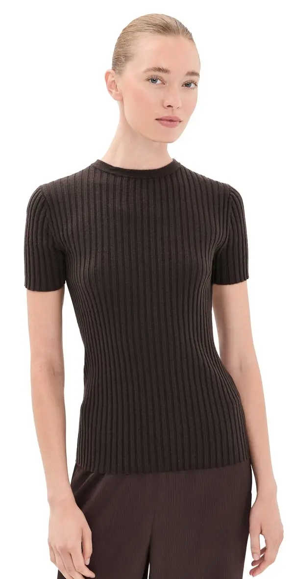 THE ELDER STATESMAN Superlight Cashmere Rib Knit Tee - Espresso