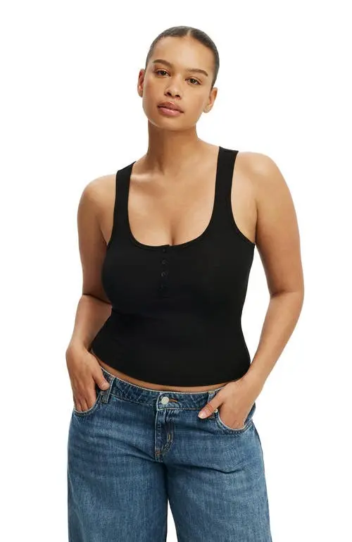 COTTON ON Henley Rib Tank - Black