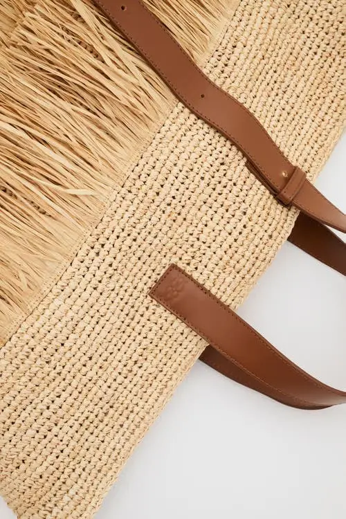 MALINA Jina Raffia Fringe Tote Bag
