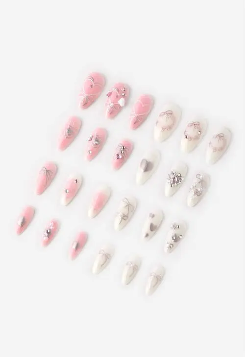 NEVER HAVE I EVER Hearts Of Pearls Almond Press-on Nails - Pink