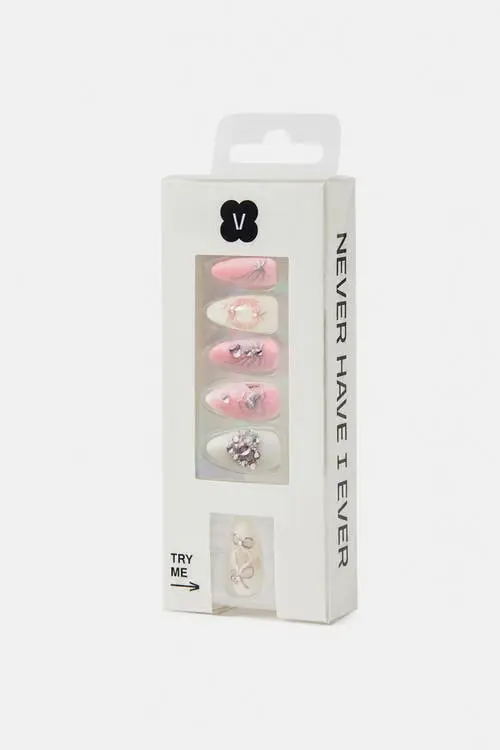 NEVER HAVE I EVER Hearts Of Pearls Almond Press-on Nails - Pink