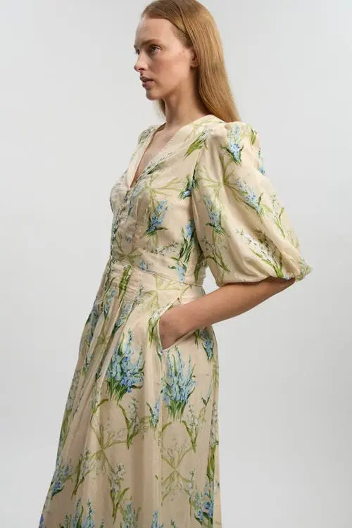 Karen Millen Floral Puff Sleeve Midi Dress