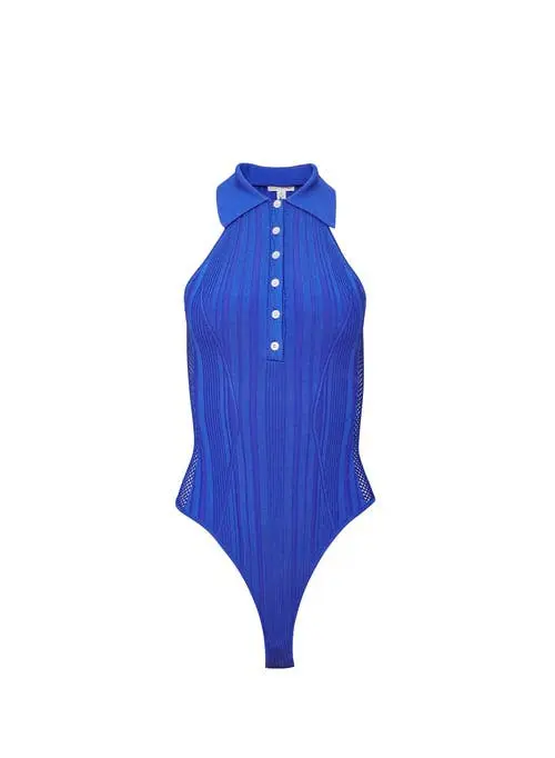 FLEUR DU MAL Ribbed Knit Halter Neck Bodysuit With Button Collar
