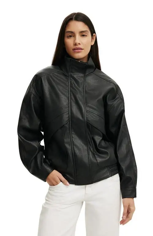 COTTON ON Theo Faux Leather Bomber Jacket - Black