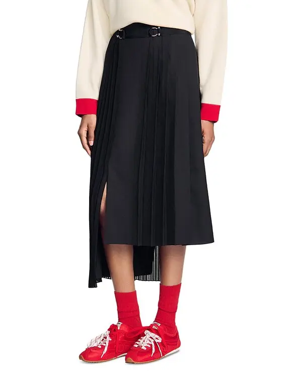 Sandro Long Asymmetrical Pleated Skirt - Black