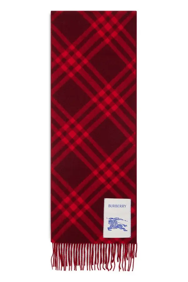 Burberry Cashmere Plaid Scarf With Fringed Ends - Red