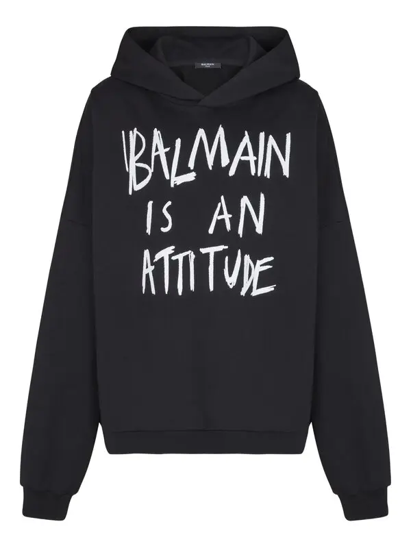 Balmain Cotton Front Print Hoodie - Black