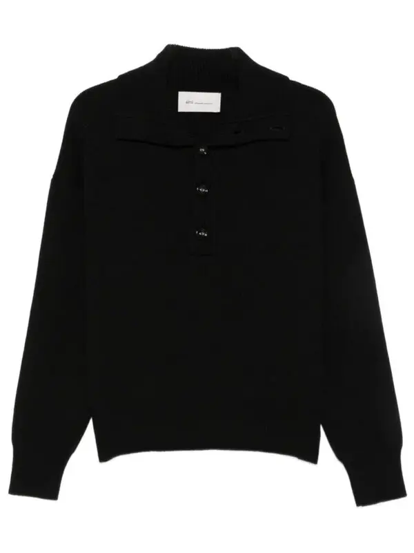 AMI Paris V-neck Button-front Cardigan With Chest Embroidery - Black