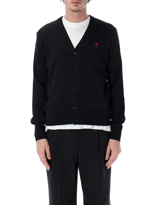 AMI Paris V-neck Button-front Cardigan With Chest Embroidery - Nero